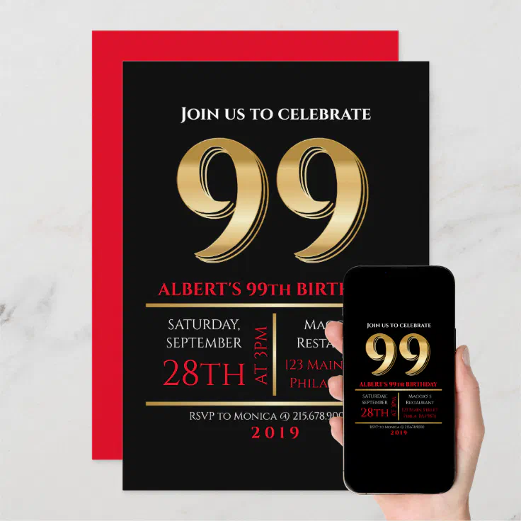 99th Birthday Gold Black Party Invitation | Zazzle