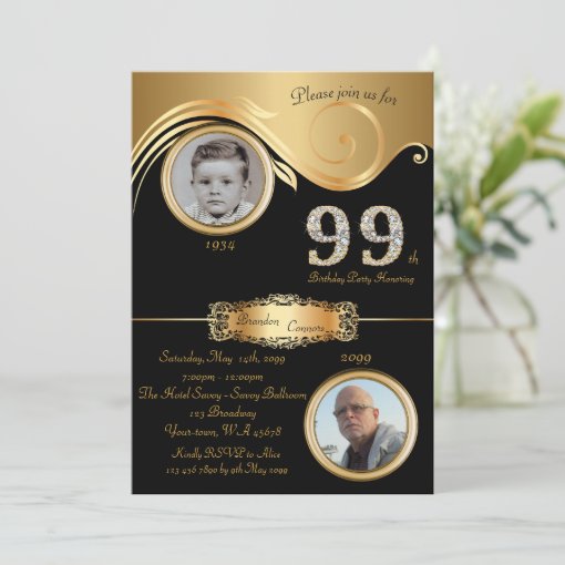 99th,Birthday Man 99th,elegant art deco,black gold Invitation | Zazzle