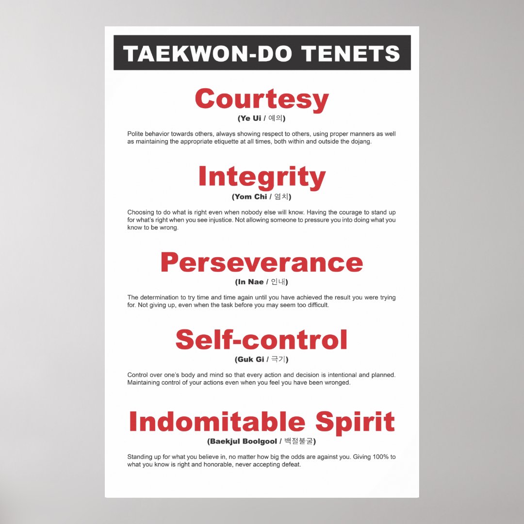 9-2 Generic Taekwon-Do Tenets Poster | Zazzle