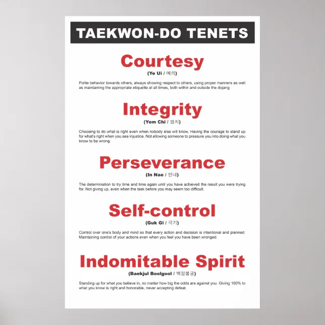 9-2 Generic Taekwon-Do Tenets Poster | Zazzle
