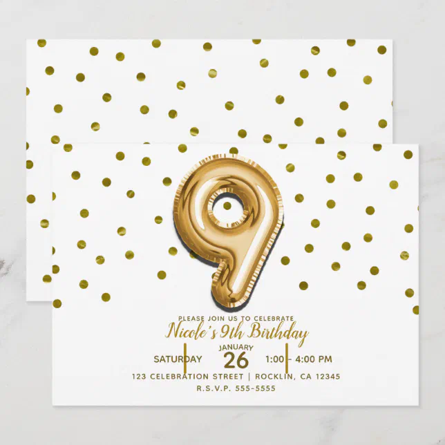 9 Nine Gold Balloon Confetti 9th Birthday Party Invitation | Zazzle