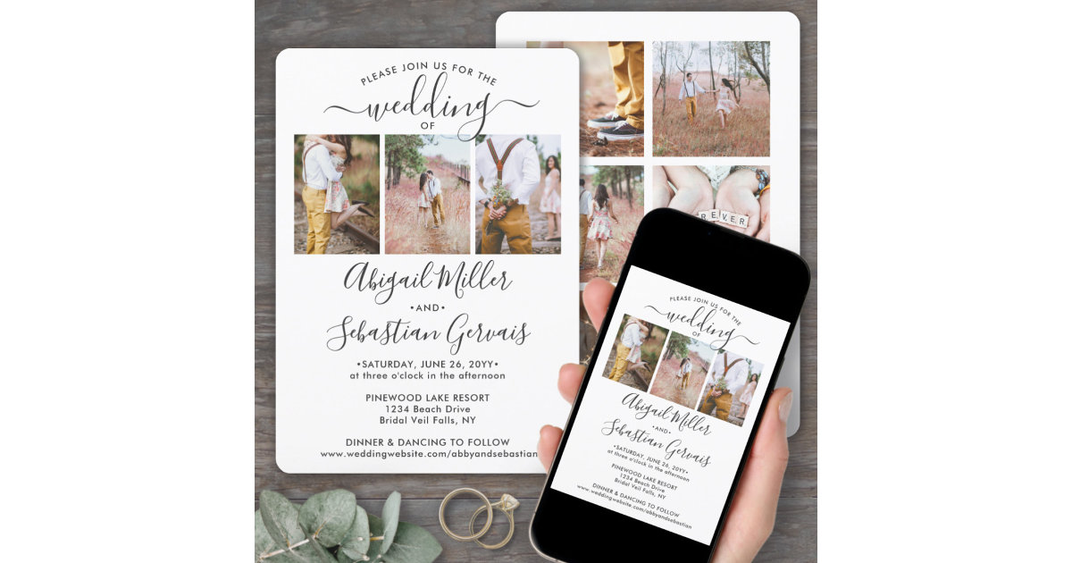 9 Photo Collage Elegant Modern Calligraphy Wedding Invitation | Zazzle