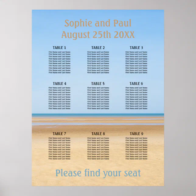 9 Table Beach Wedding Seating Chart | Zazzle
