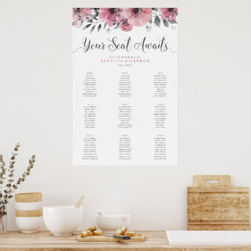 9 Table Pink Floral Wedding Seating Chart | Zazzle