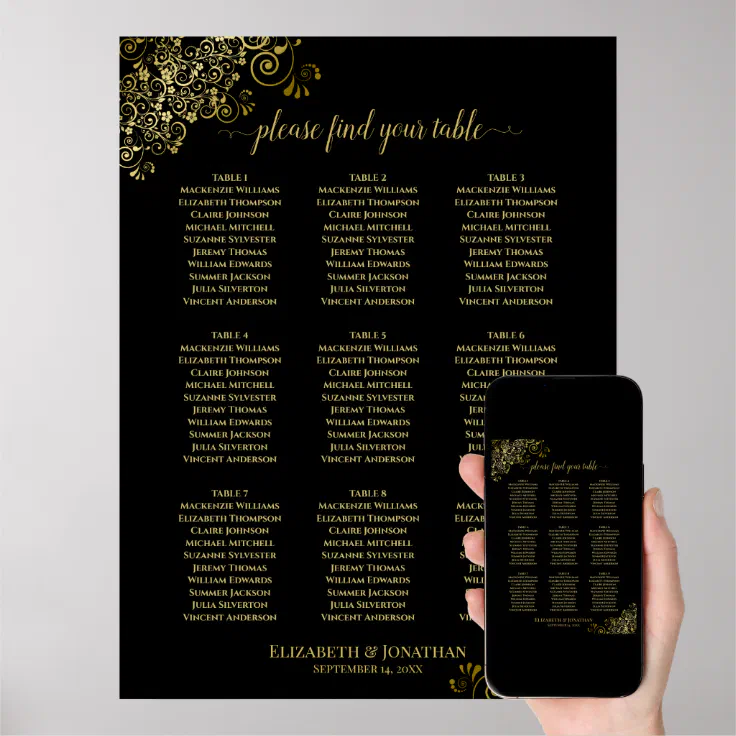 9 Table Wedding Seating Chart Black w/ Gold Frills | Zazzle