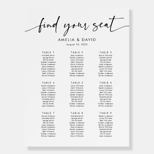 9 Tables Find Your Seat Seating Chart Foam Board | Zazzle