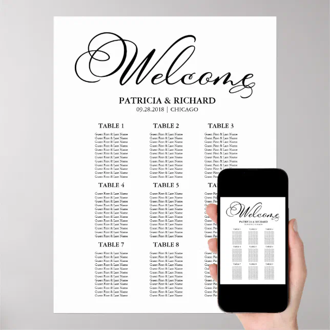 9 Tables Wedding Seating Chart Board Simple | Zazzle
