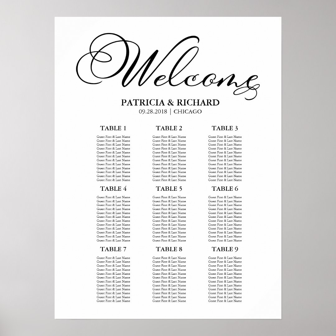 9 Tables Wedding Seating Chart Board Simple | Zazzle
