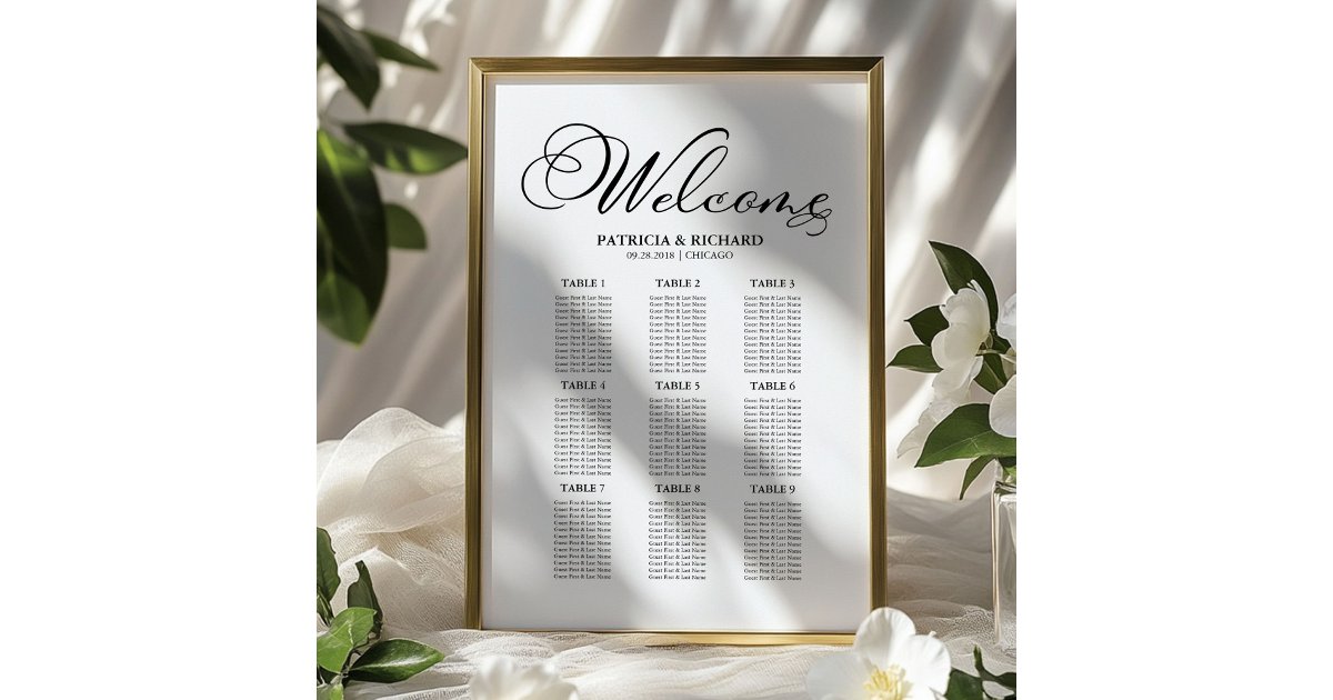 9 Tables Wedding Seating Chart Board Simple | Zazzle