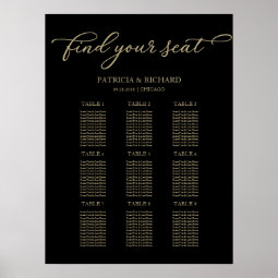 9 Tables Wedding Seating Chart Chic Gold Black | Zazzle