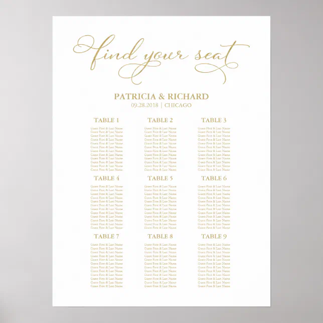 9 Tables Wedding Seating Chart Gold Foil | Zazzle