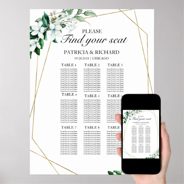 9 Tables Wedding Seating Chart Greenery Geometric | Zazzle