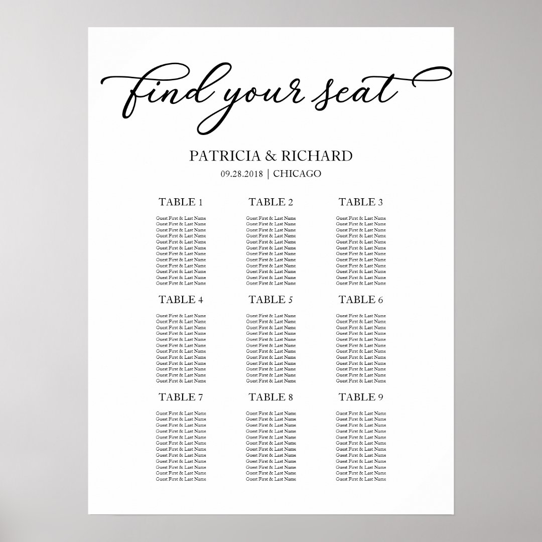 9 Tables Wedding Seating Chart Simple Chic Script | Zazzle