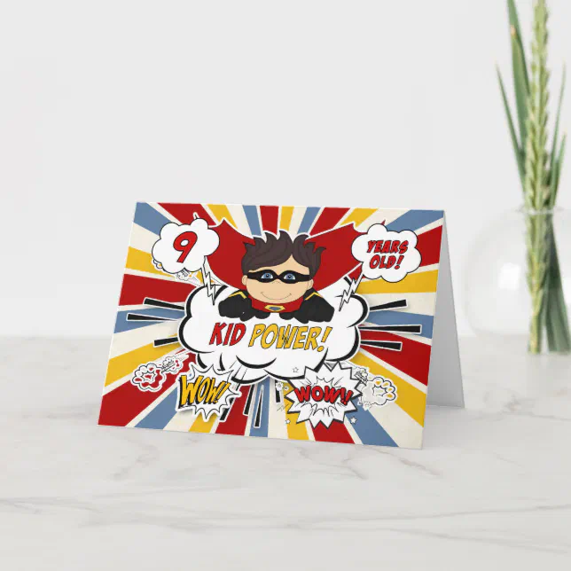 9th Birthday for Boys Super Kid Red Comic Book Card | Zazzle