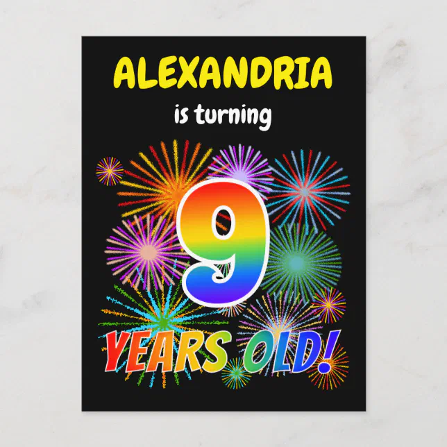 9th Birthday - Fun Fireworks, Rainbow Look "9" Postcard | Zazzle