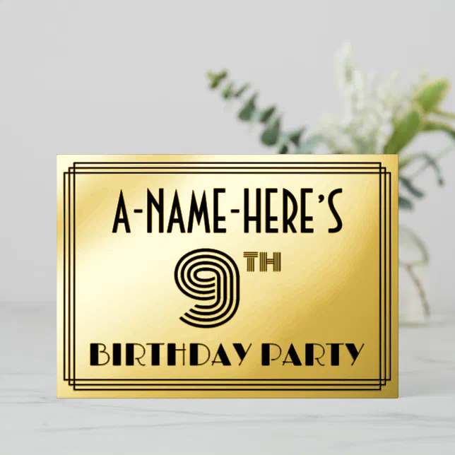 9th Birthday Party — Art Deco Style “9” & Name Foil Invitation | Zazzle