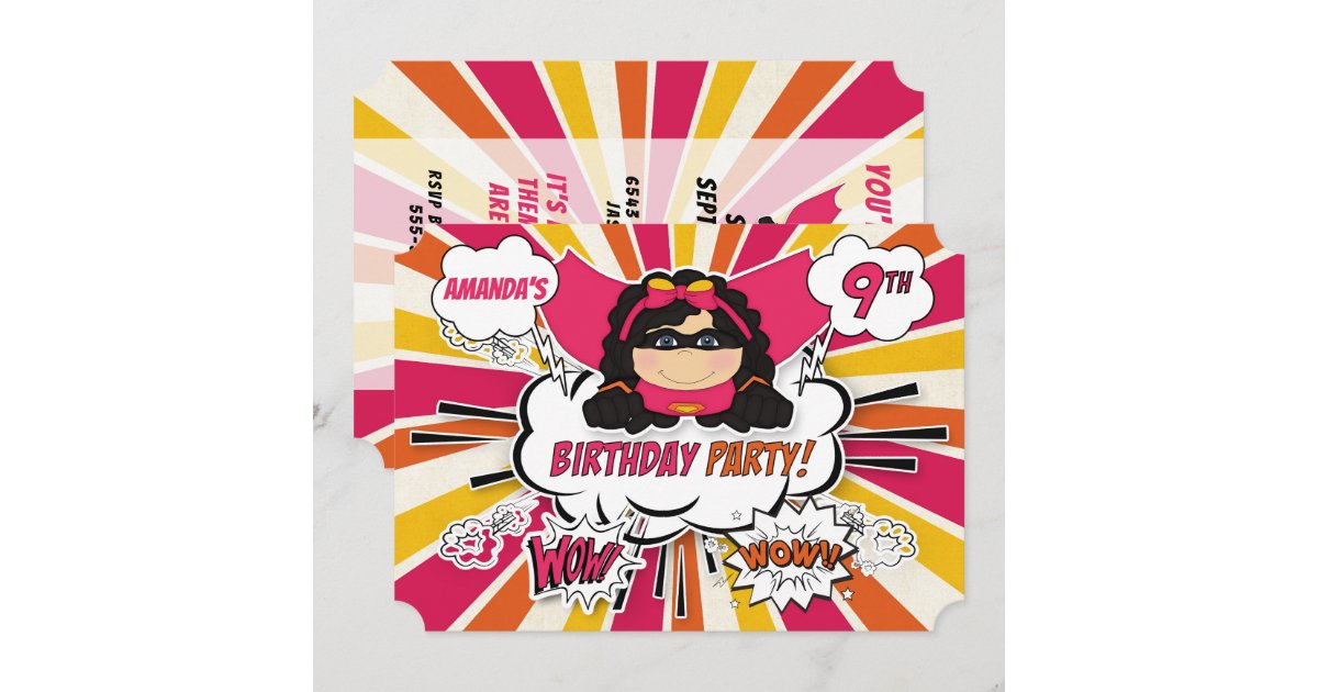 9th Birthday Party Girls Superhero Pink Comic Invi Invitation | Zazzle