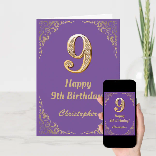 9th Birthday Purple and Gold Glitter Frame Card | Zazzle