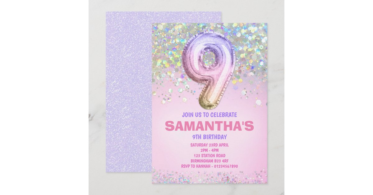 9th Birthday, Rainbow Glitter Birthday Invitation | Zazzle