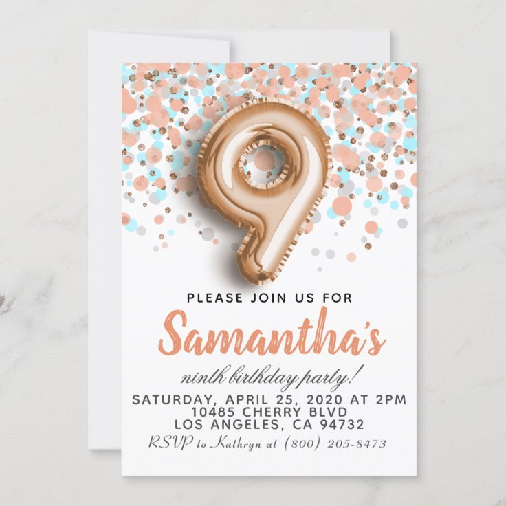 9th Rose Gold Birthday Invitation | Zazzle