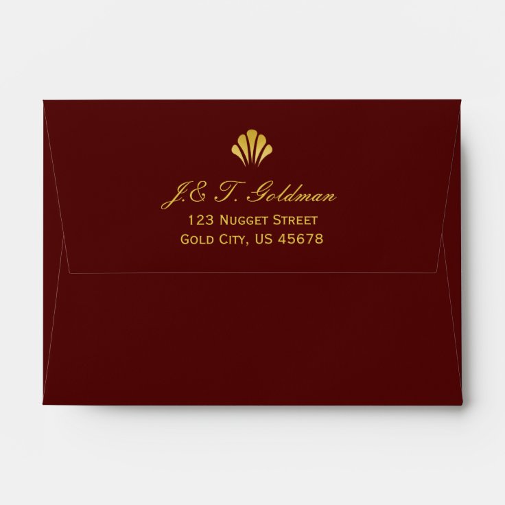 A6 Personalized Art Deco Fans Burgundy Gold Foil Envelope | Zazzle