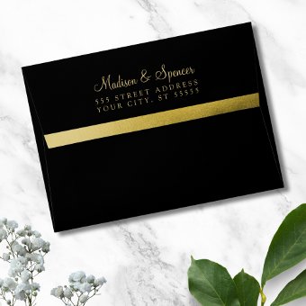 A7 Black Gold Foil Return Address Wedding Mailing Envelope | Zazzle