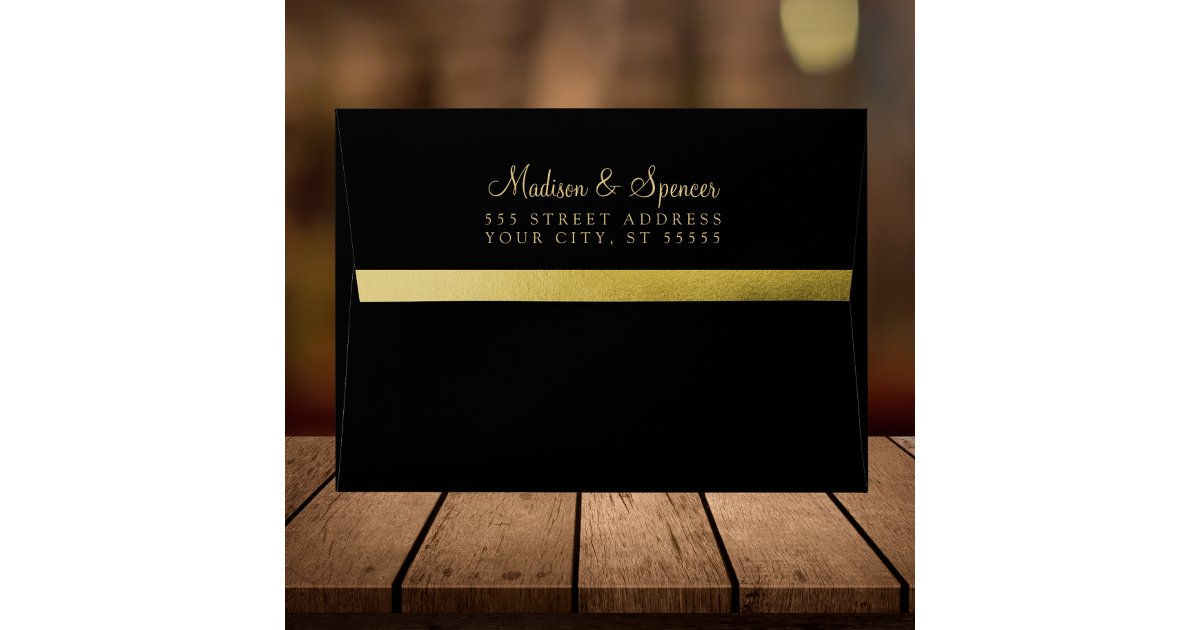 A7 Black Gold Foil Return Address Wedding Mailing Envelope | Zazzle