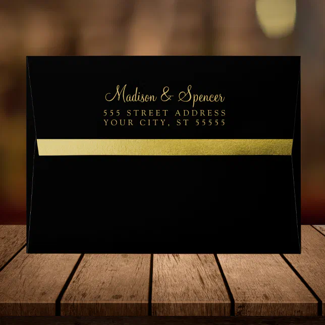 A7 Black Gold Foil Return Address Wedding Mailing Envelope | Zazzle