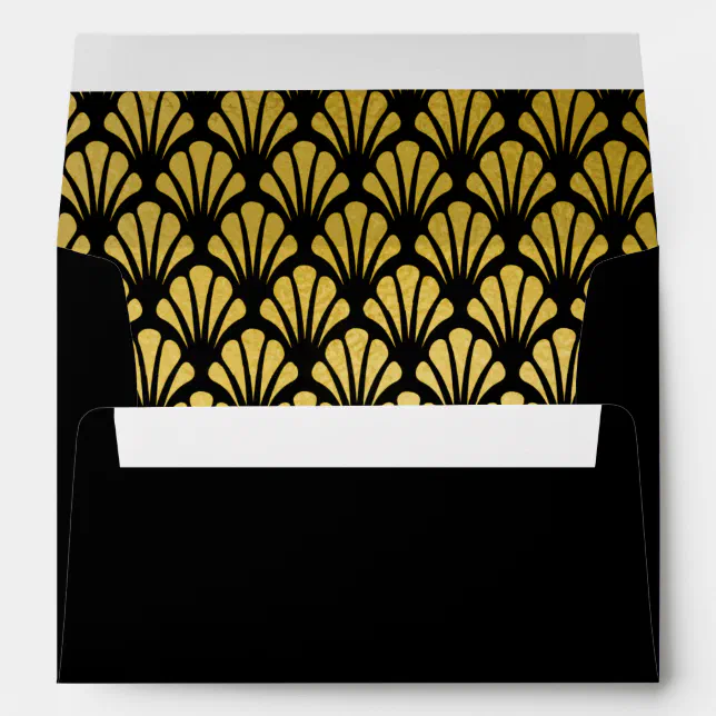 A7 Personalized Art Deco Fans Black Gold Foil Envelope | Zazzle