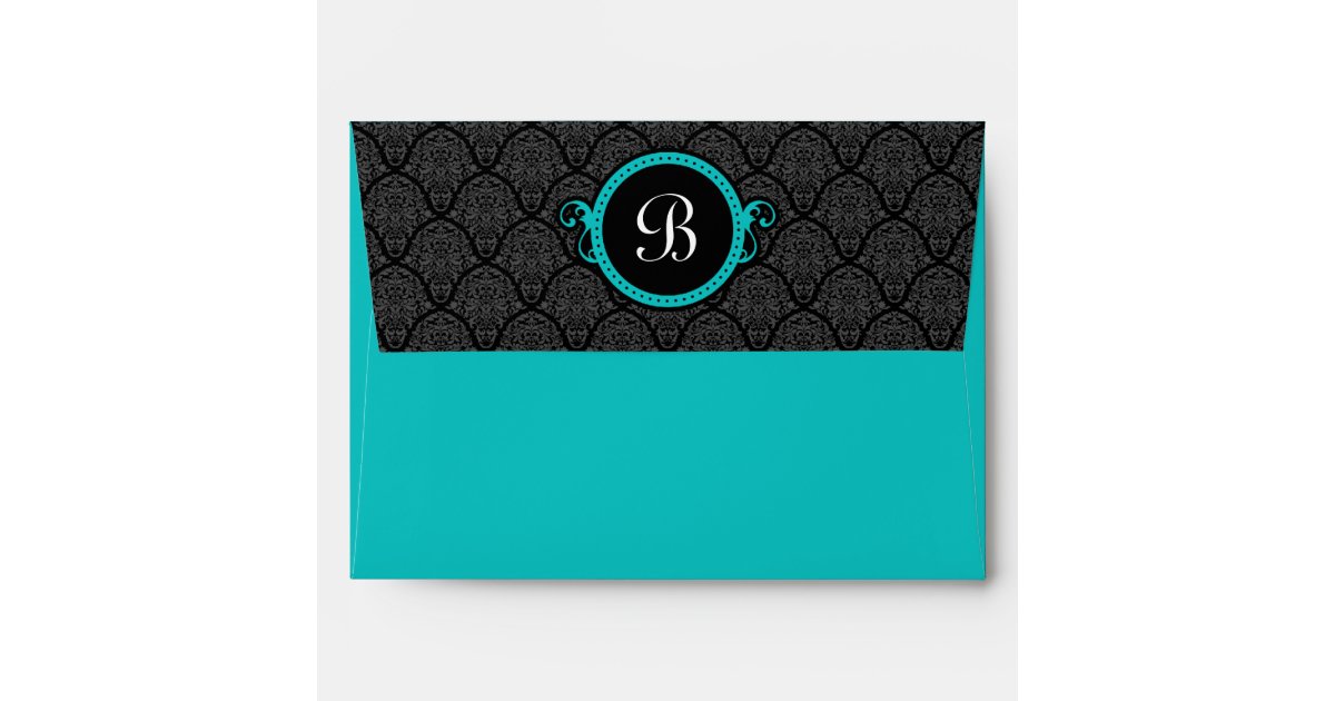 A7 Turquoise Damask Flap Monogram Envelopes | Zazzle