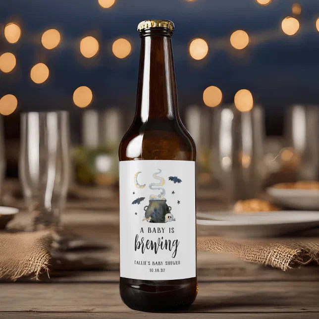 A Baby Is Brewing Cute Halloween Baby Shower Beer Bottle Label | Zazzle