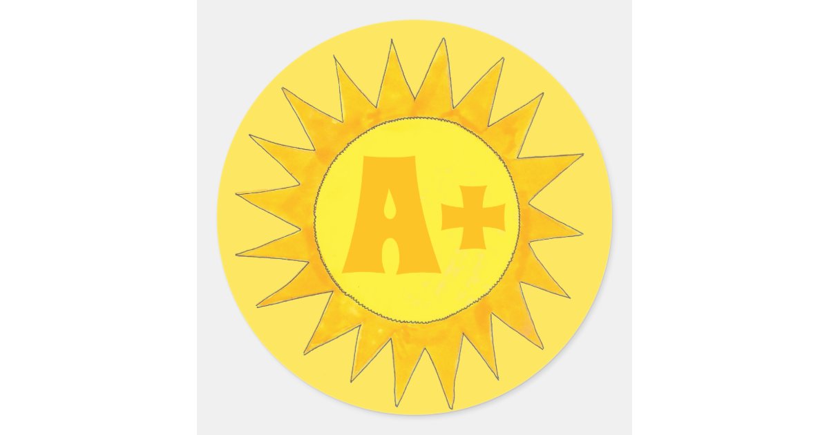 A+ Bright Student Reward Yellow Sunshine Teacher Classic Round Sticker ...
