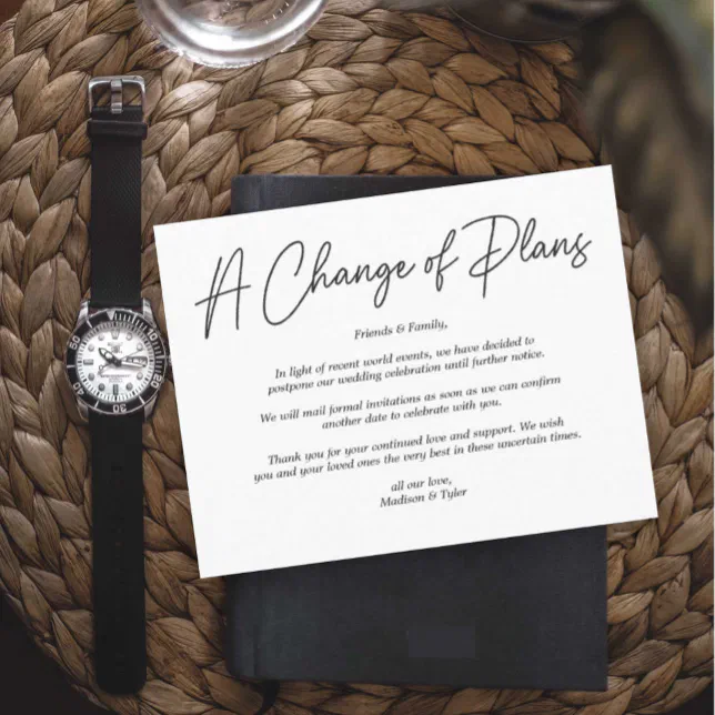 A Change of Plans Wedding Update Note Card | Zazzle