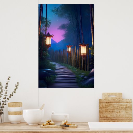 A Charming Wooden Path Illuminated by Lanterns Poster | Zazzle
