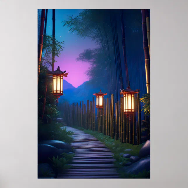 A Charming Wooden Path Illuminated by Lanterns Poster | Zazzle