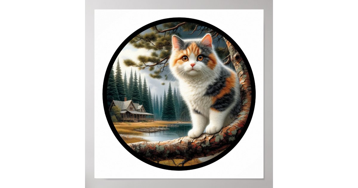 A circular 3D image of a beautiful Calico cat Poster | Zazzle