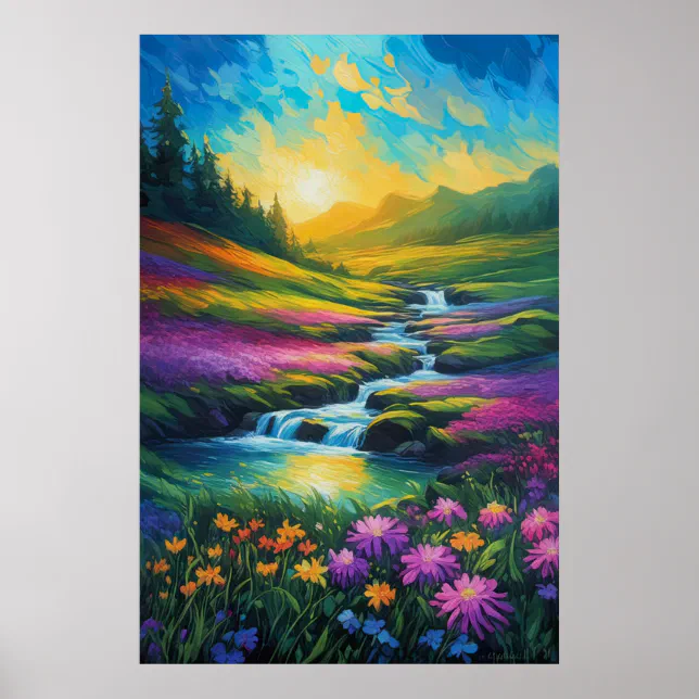 A Colorful Meadow and Rushing Stream Poster | Zazzle