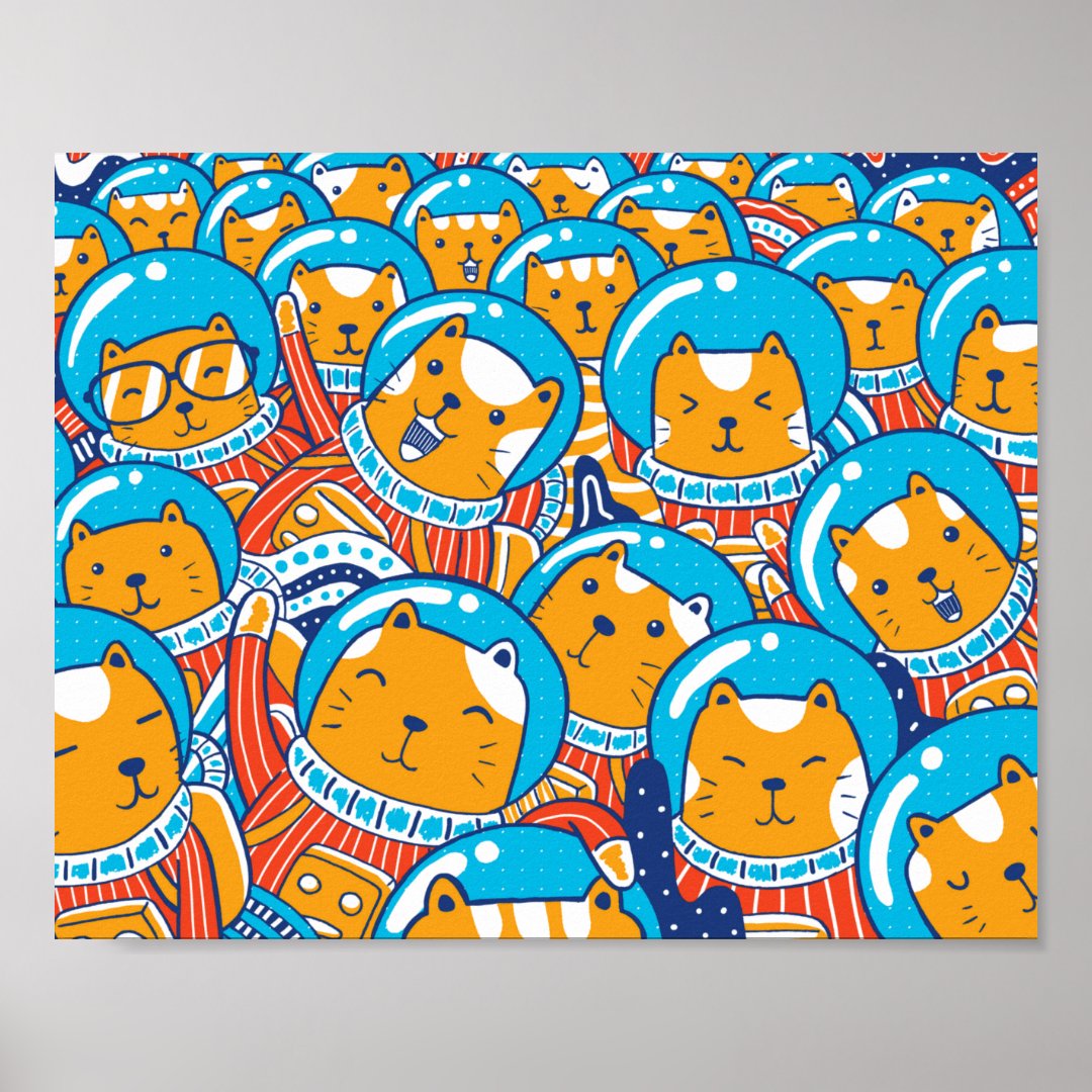 A Crowd Of Catstronauts Cute Illustration Poster | Zazzle