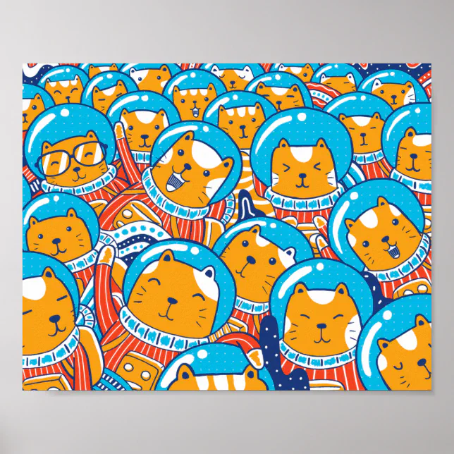 A Crowd Of Catstronauts Cute Illustration Poster | Zazzle
