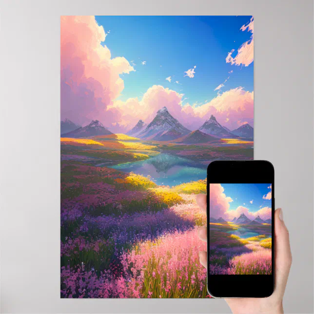 A Field of Blooms, Lake, and Majestic Mountains Poster | Zazzle