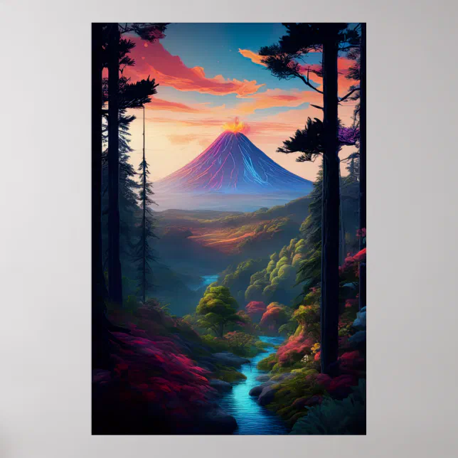 A Forest Edge Facing the Mighty Volcano Poster | Zazzle