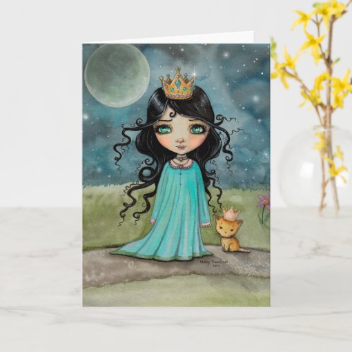 A Girl and Her Cat Little Princess Big Eye Art Card | Zazzle
