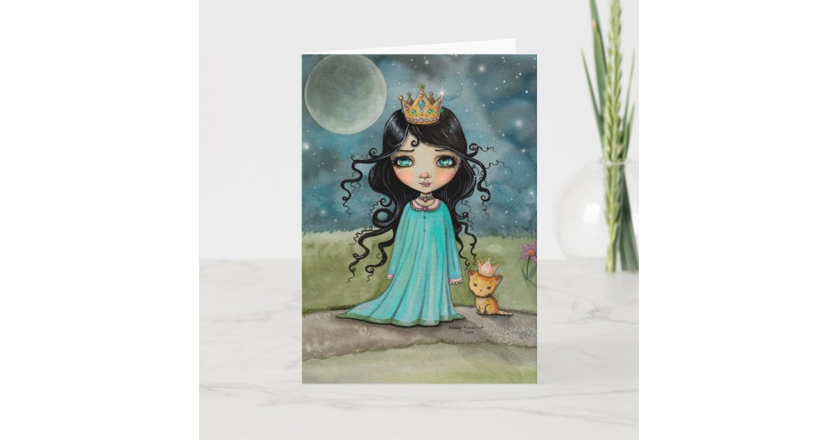 A Girl and Her Cat Little Princess Big Eye Art Card | Zazzle