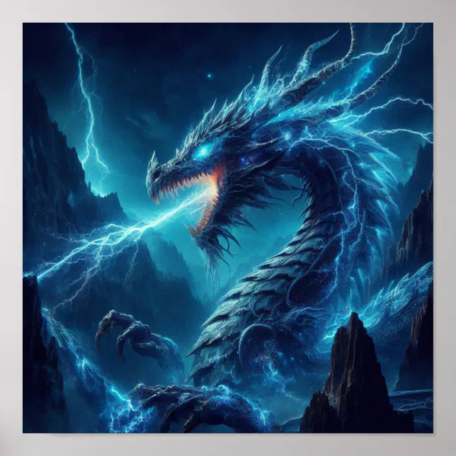 A.I. Blue Dragon Lightning Breath Poster | Zazzle