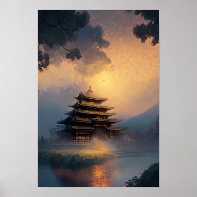 A Japanese Temple in the Evening Light Poster | Zazzle