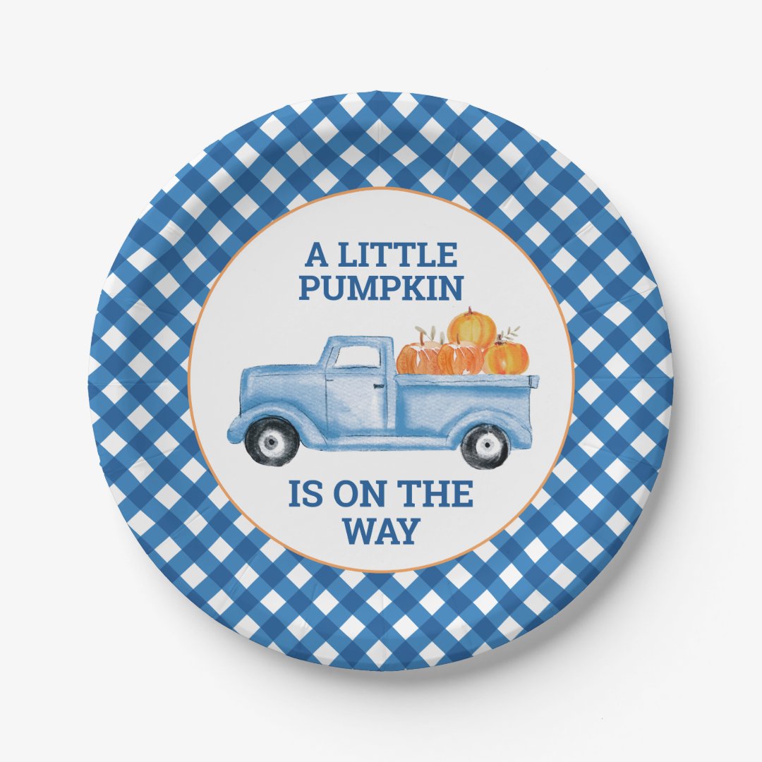 A Little Pumpkin blue truck fall baby shower Paper Plates | Zazzle