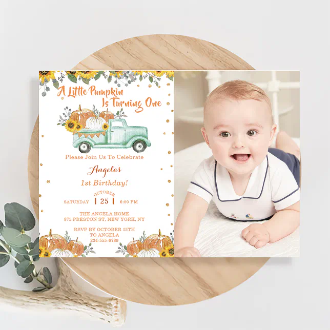 A Little Pumpkin Blue Truck First Birthday Invitation | Zazzle