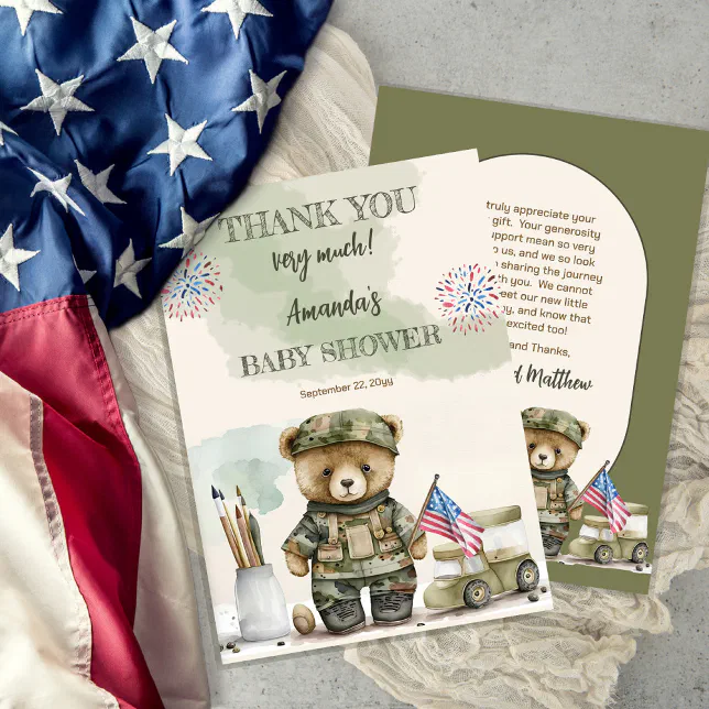 A Little Soldier Boy Teddy Bear Baby Shower Thank You Card | Zazzle