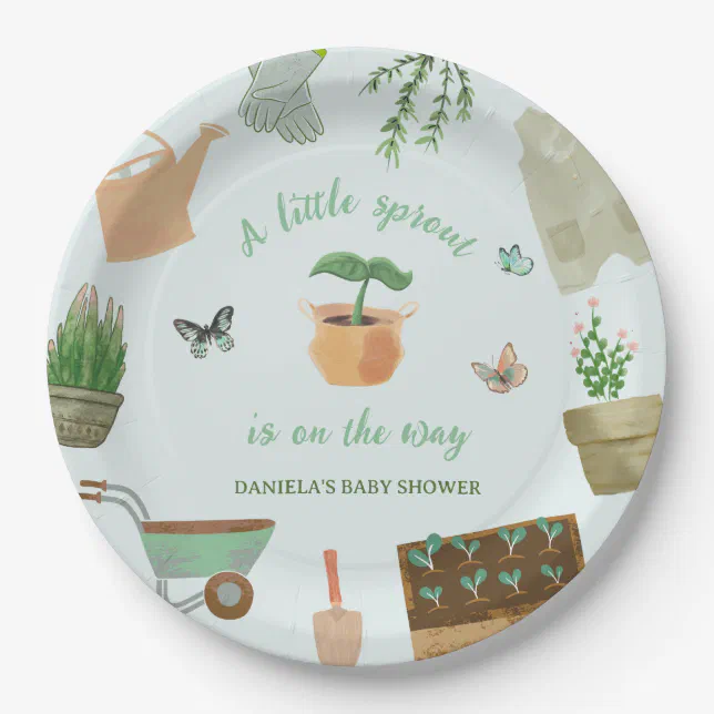 A Little Sprout Gardening Plant Baby Shower Paper Plates | Zazzle