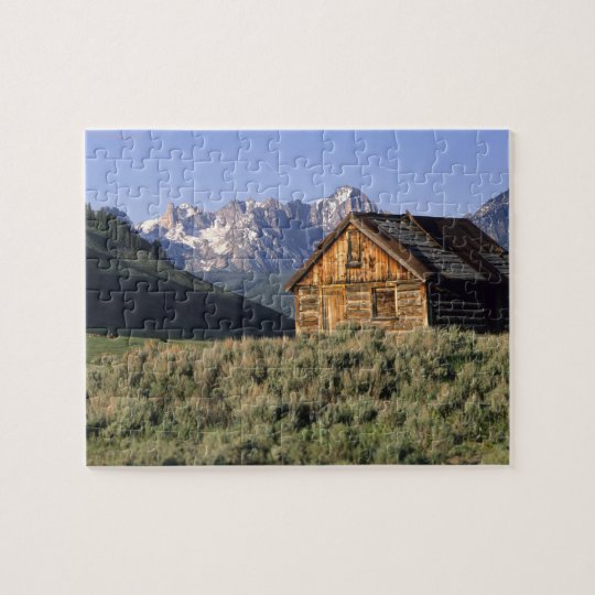 A log cabin and the Sawtooth Mountains in Jigsaw Puzzle | Zazzle.com